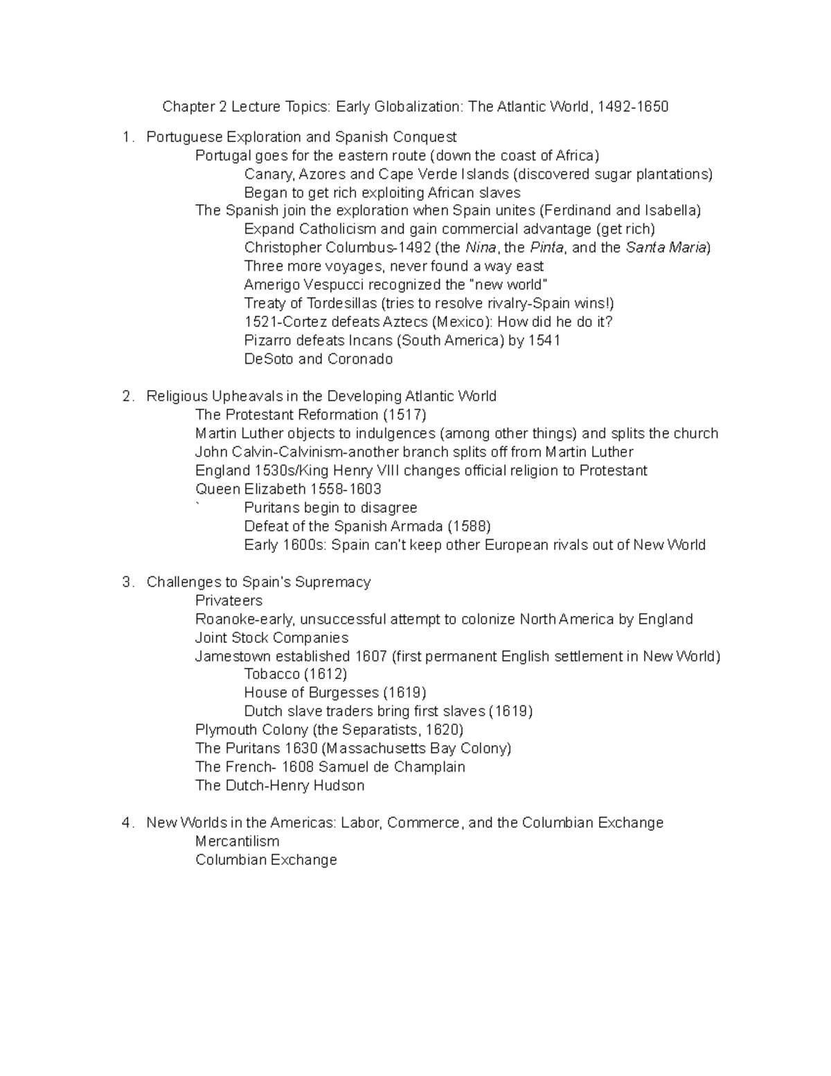 Early Globalization: The Atlantic World, 1492-1650 - Lecture Notes ...