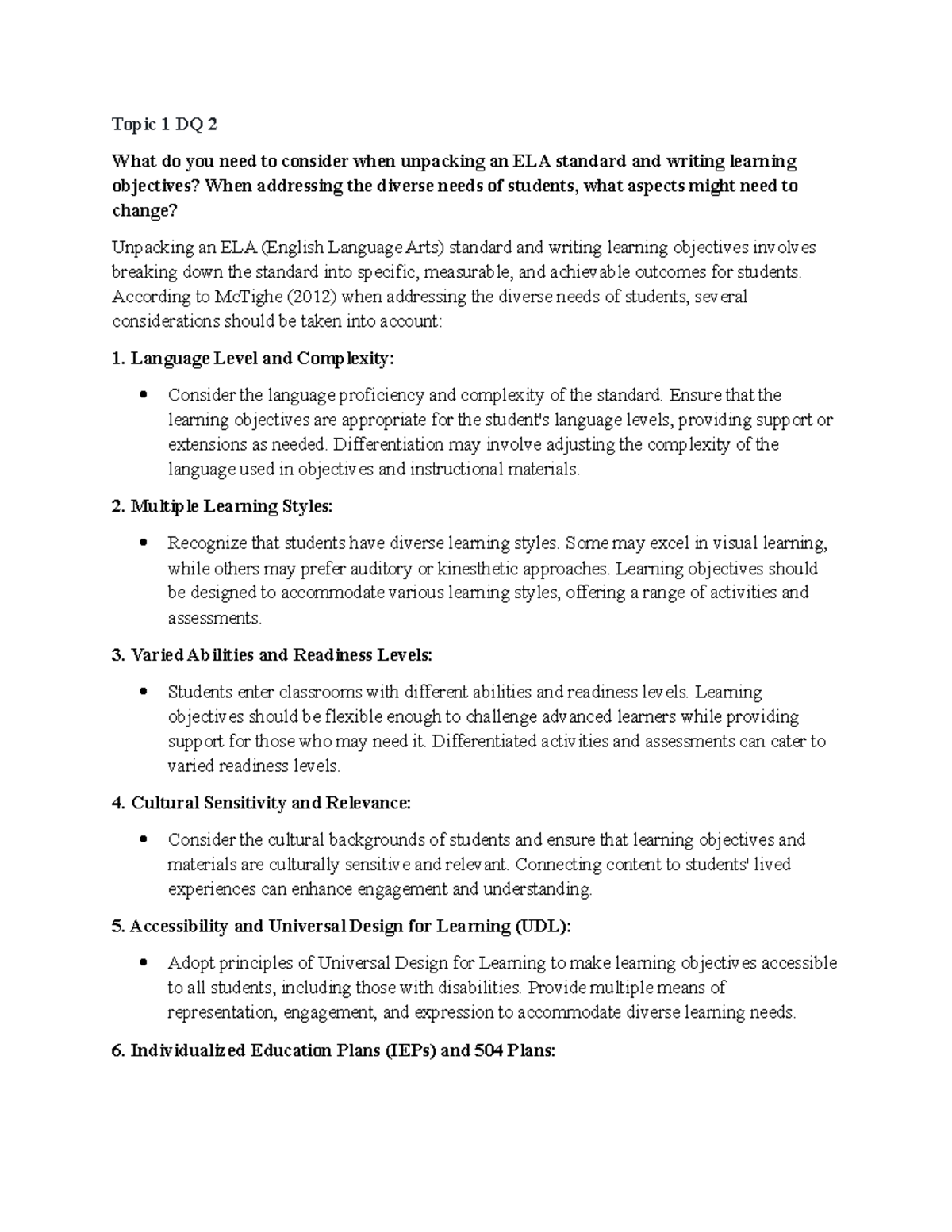 ELA Standard Unpacking & Learning Objectives DQ 2 Analysis - Studocu