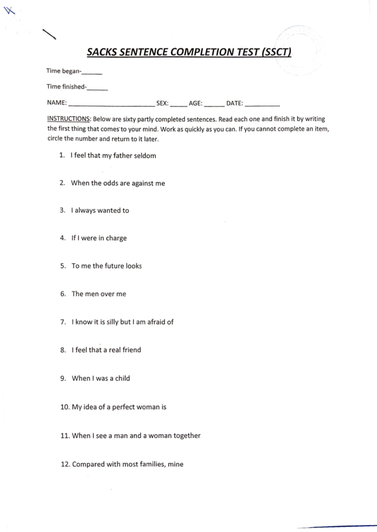 SACKS SENTENCE COMPLETION TEST (SSCT) Instructions and Items - Studocu