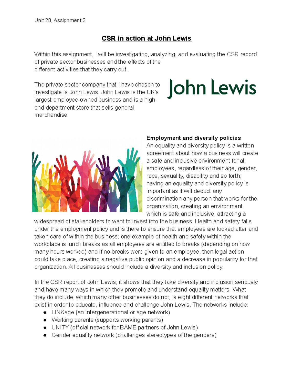 Unit 20 Assignment 3 - Analyzing CSR Practices of John Lewis - Studocu