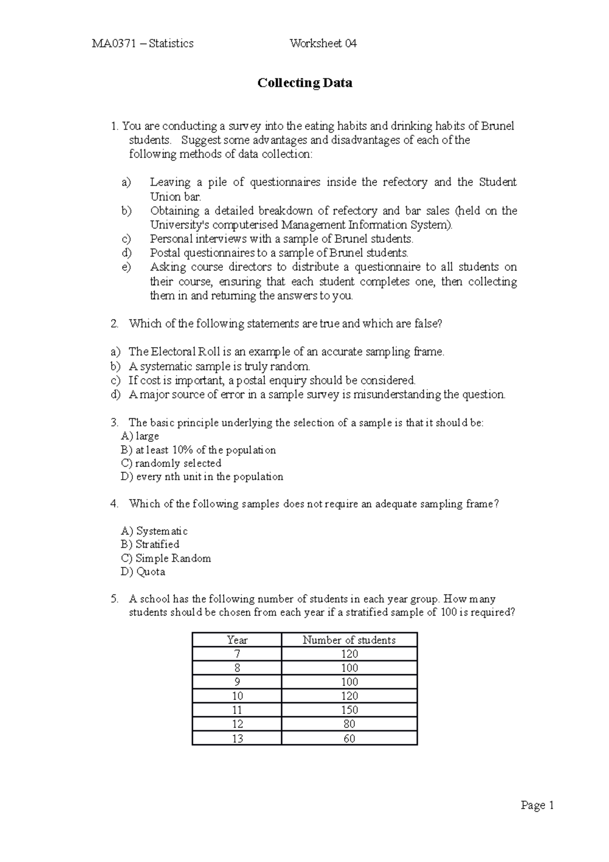 Worksheet 04 - Collecting Data - MA0371 – Statistics Worksheet 04 ...