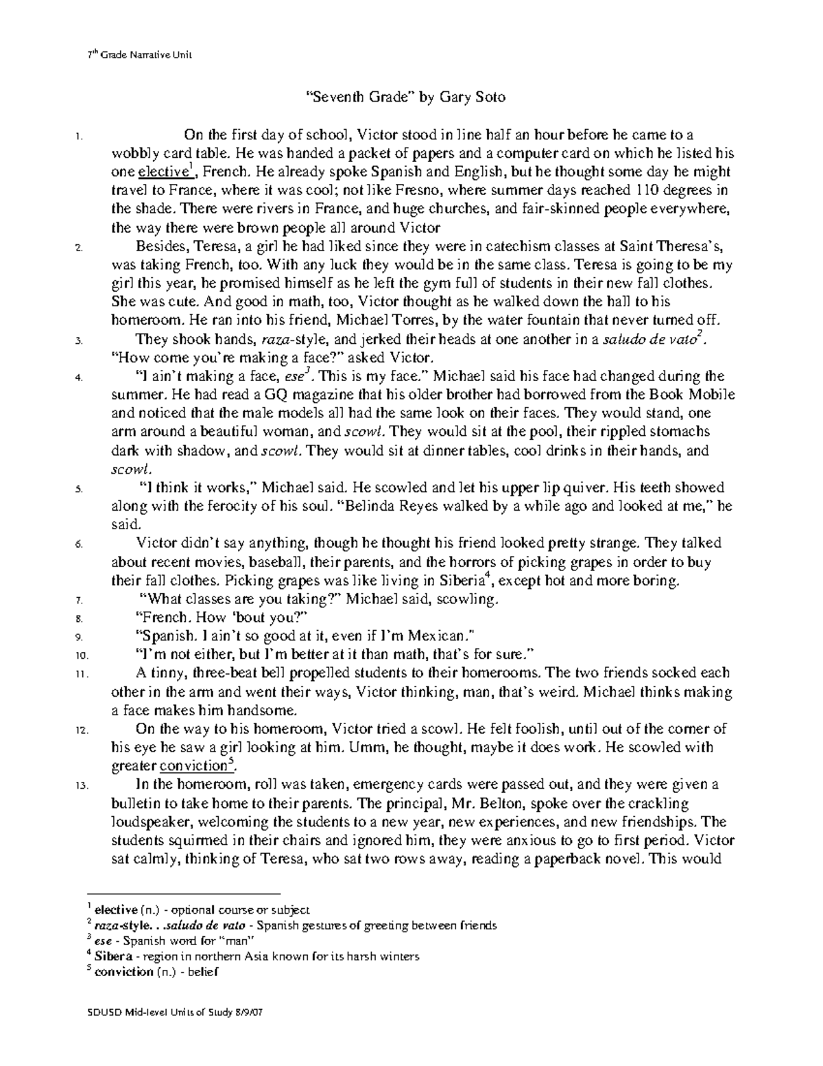 7th Grade Narrative Unit: Exploring "Seventh Grade" by Gary Soto - Studocu