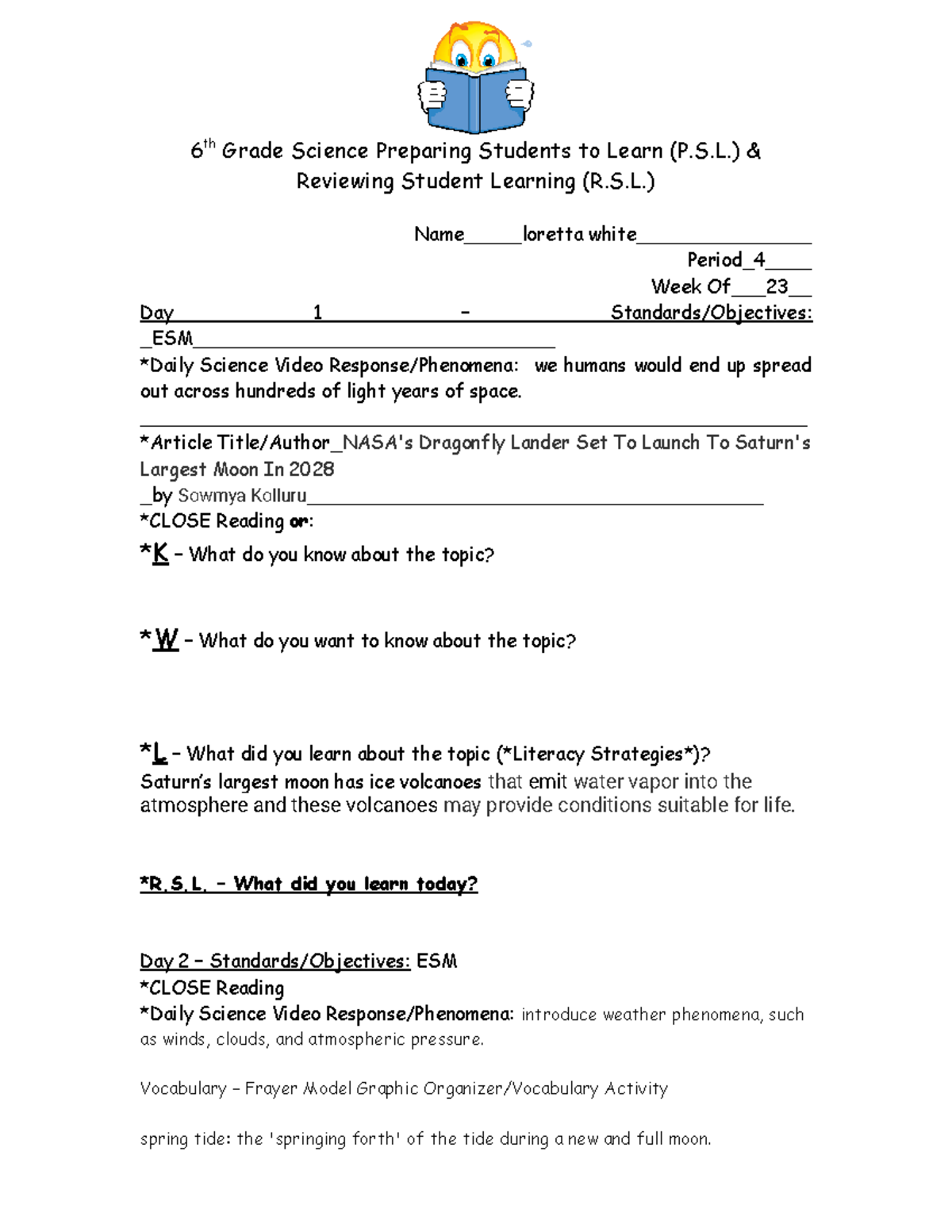Copy of 6th Grade Science Bell Work(PSL)2022-23 - 6 th Grade Science ...
