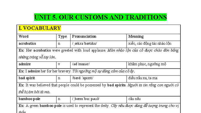 UNIT 5: OUR CUSTOMS AND TRADITIONS - VOCABULARY & EXERCISES - Studocu