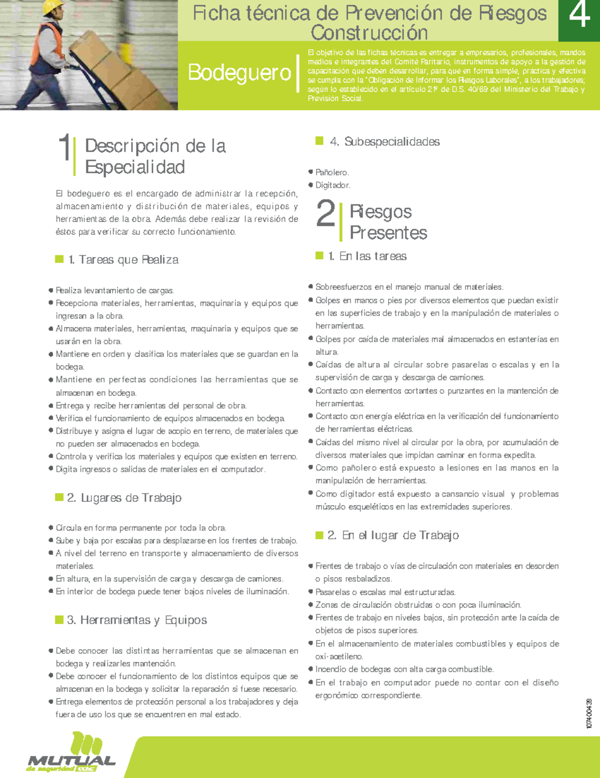 Ficha Técnica de Prevención de Riesgos para Bodeguero 107400438 - Studocu