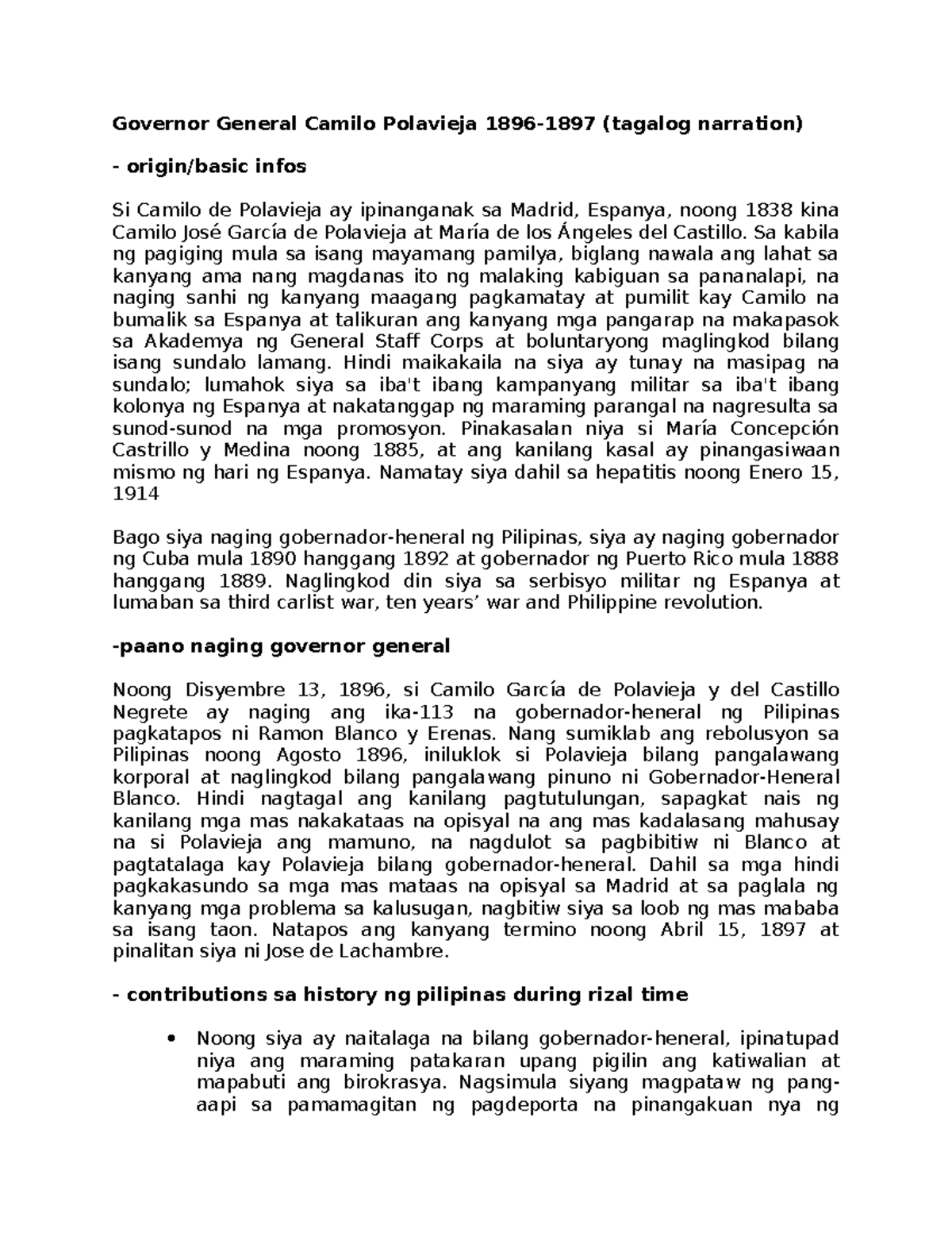 Governor General Camilo Polavieja: A Tagalog Overview (1896-1897) - Studocu