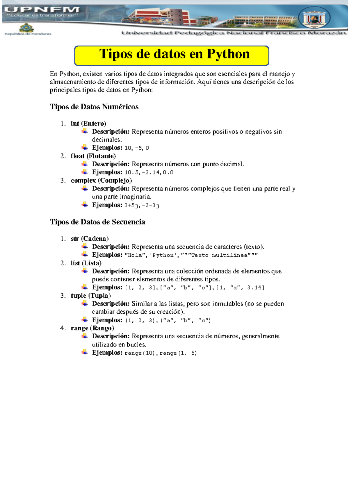 Tipos de datos en Python - Aquí tienes una descripción de los ...