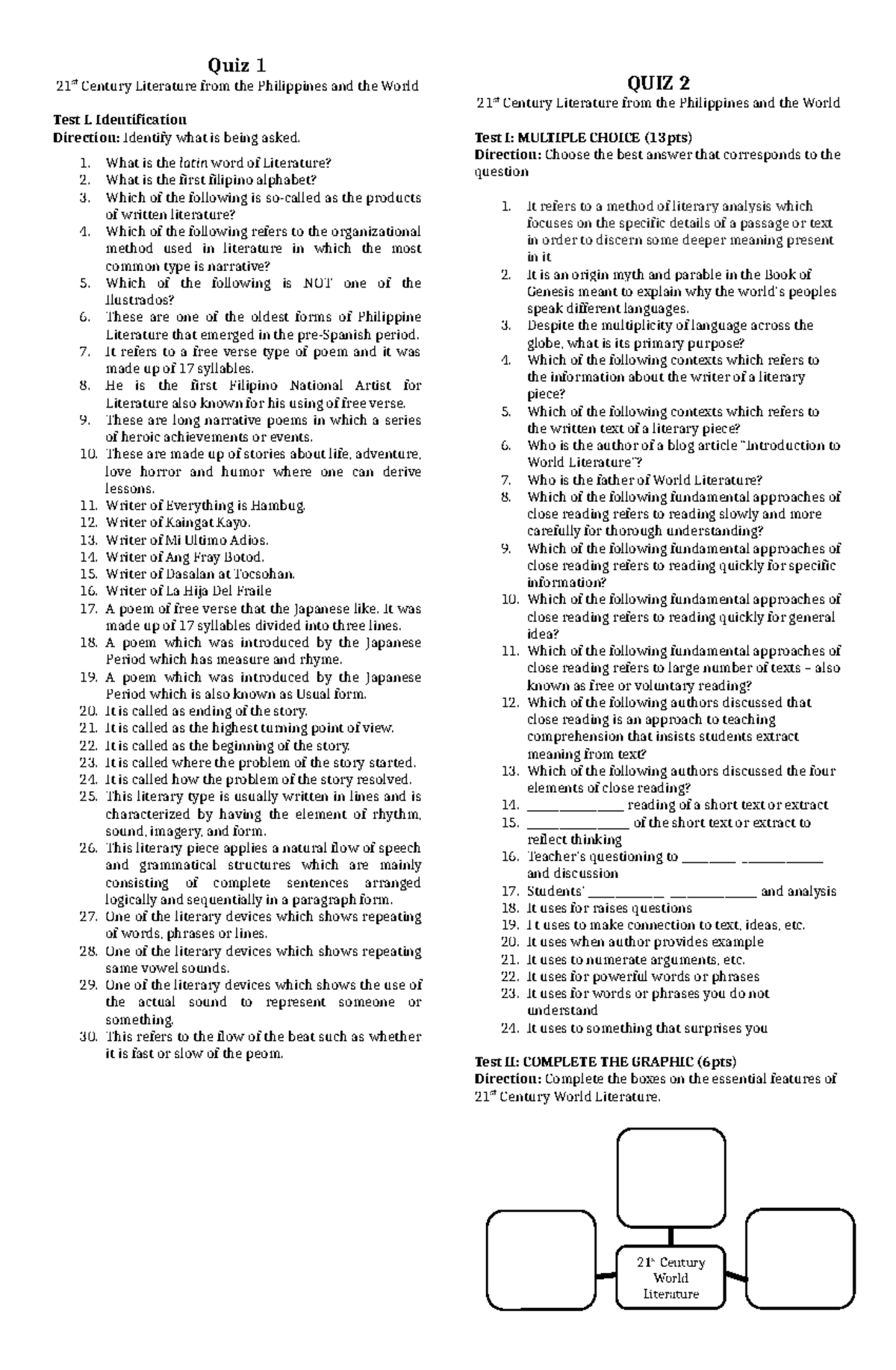 Quiz 1: 21st Century Literature from the Philippines & World Test I ...