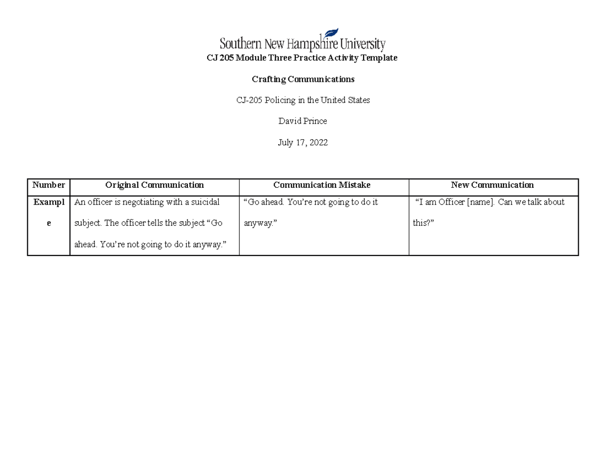 CJ 205 Module Three Communication Practice Activity Summary - Studocu