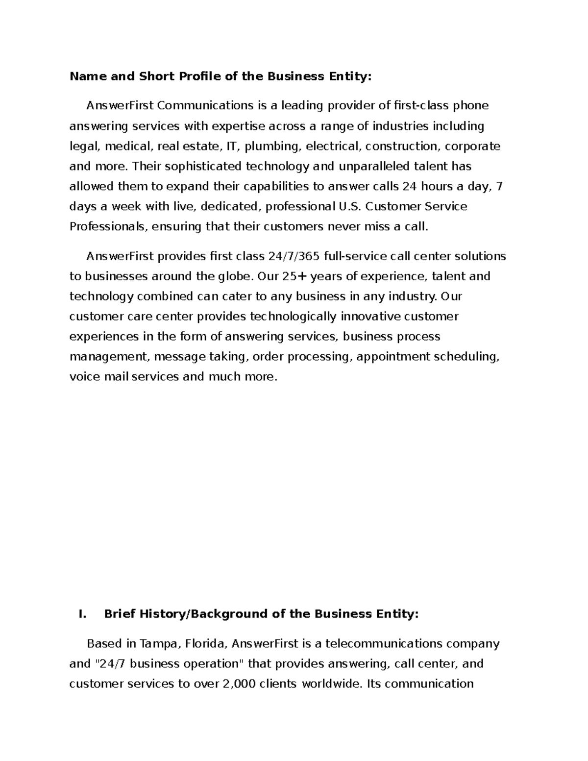 Answer First - case analysis - Name and Short Profile of the Business ...
