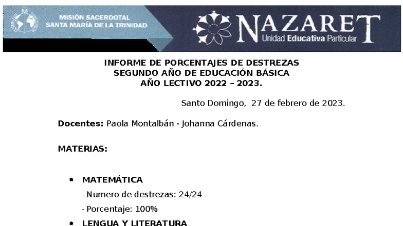 Informe DE Porcentajes DE Destrezas - INFORME DE PORCENTAJES DE ...