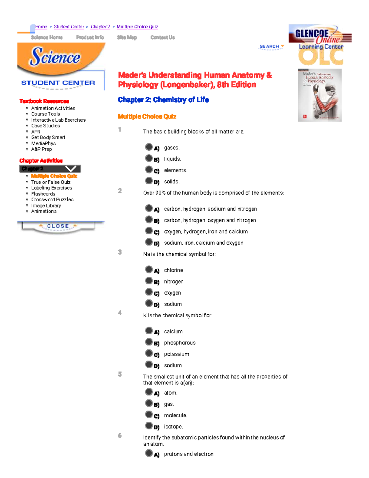 Multiple Choice Quiz: Chemistry of Life (BIO 101) - Mader's Anatomy ...