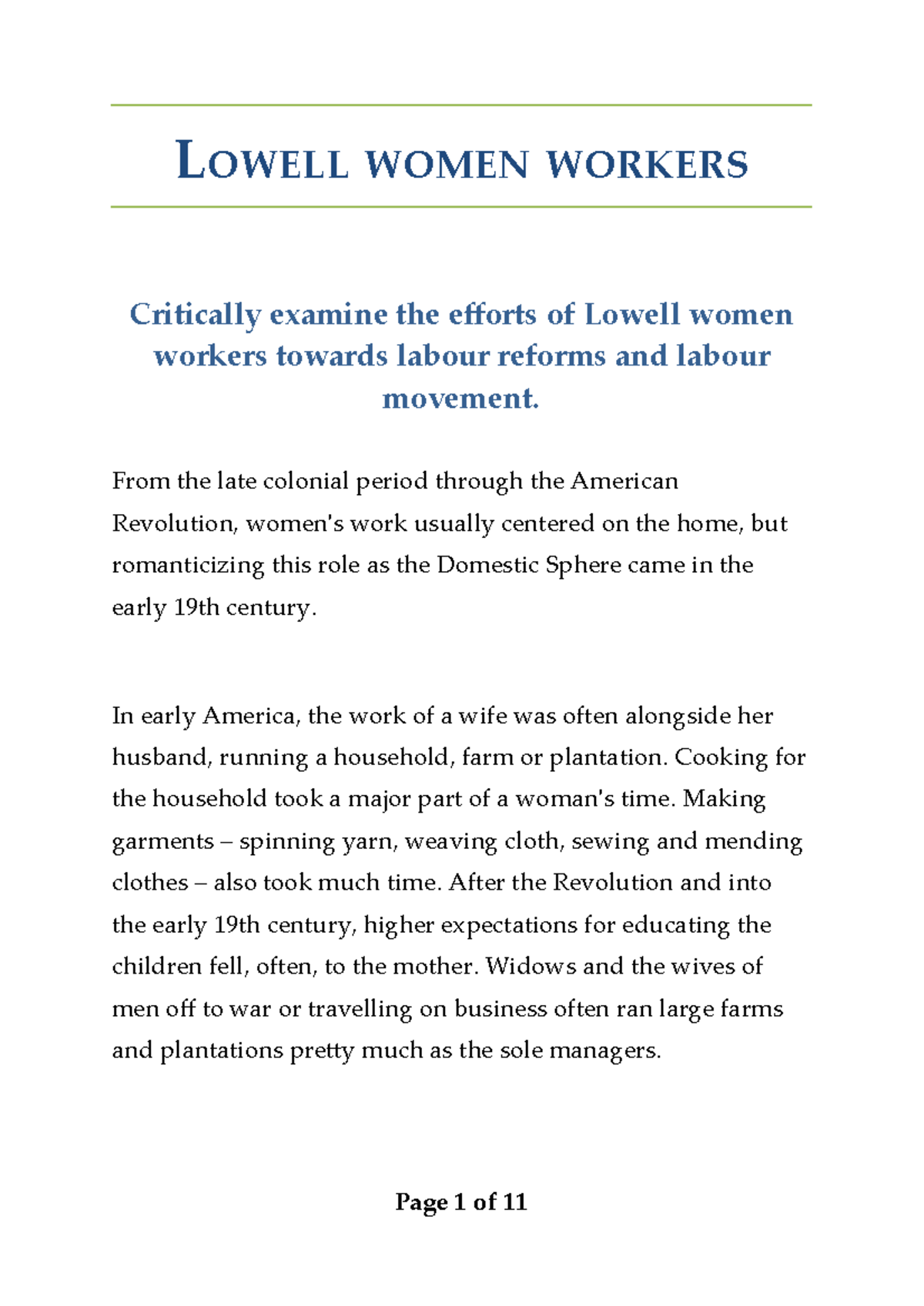 LOWELL WOMEN WORKERS: Labor Reforms and the Fight for Rights - Studocu