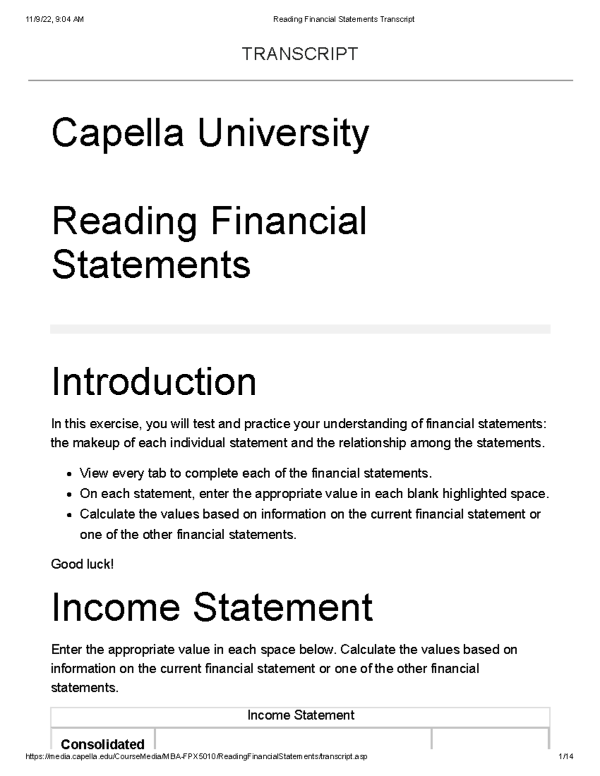Activity - Reading Financial Statements Guide for Capella U. - Studocu