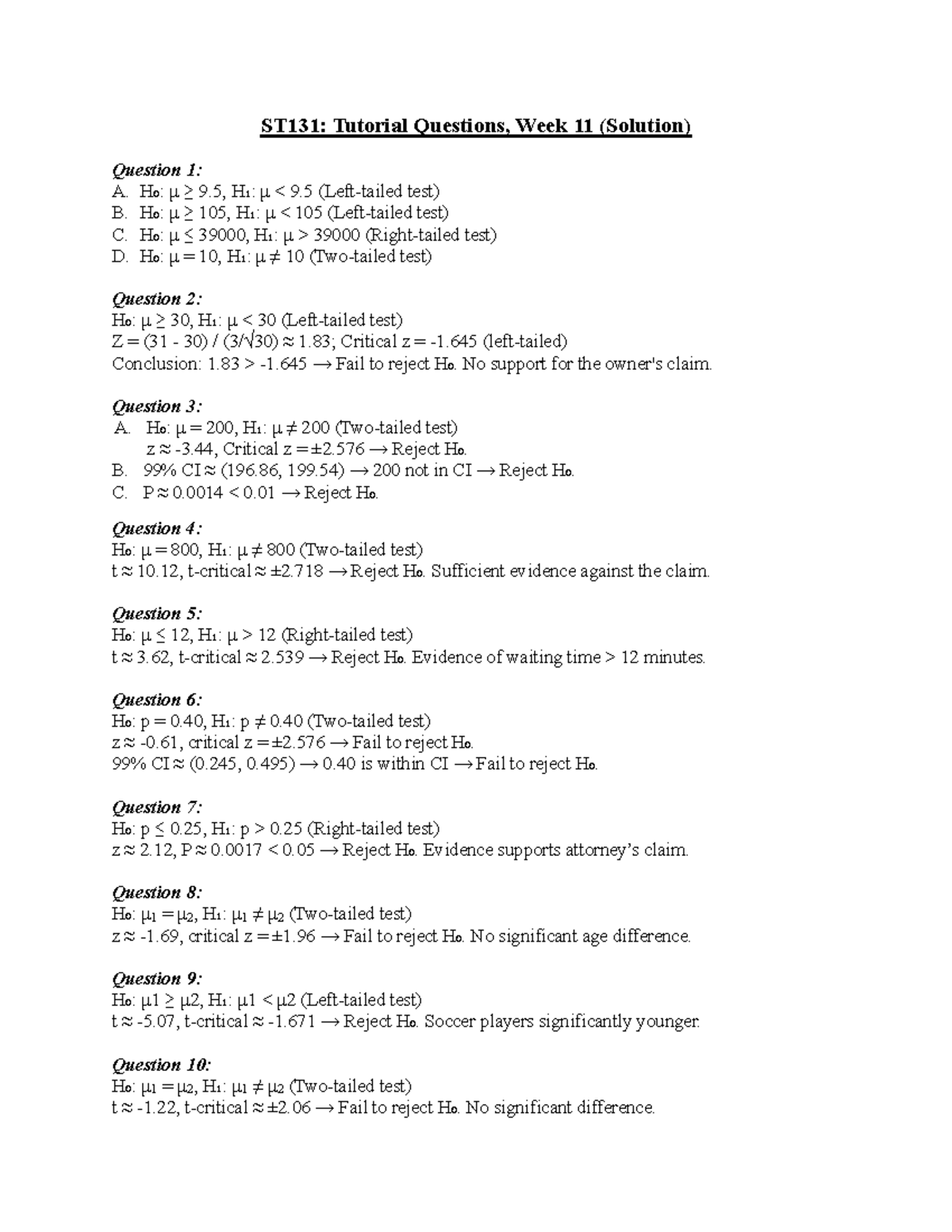 ST131: Week 11 Tutorial Questions & Solutions (Statistical Tests) - Studocu