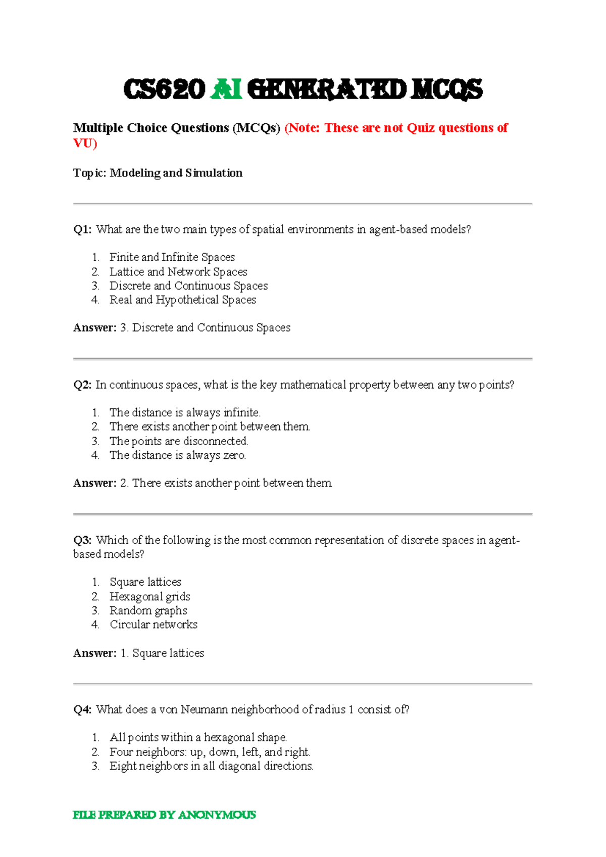 CS620 Modeling and Simulation: AI-Generated MCQs for Study - Studocu
