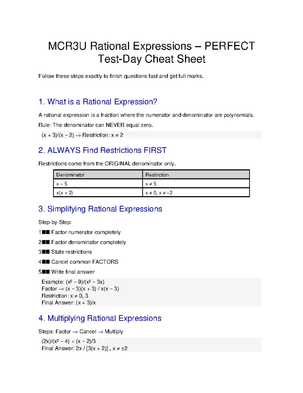 MCR3U Rational Expressions Cheat Sheet for Quick Solutions - Studocu