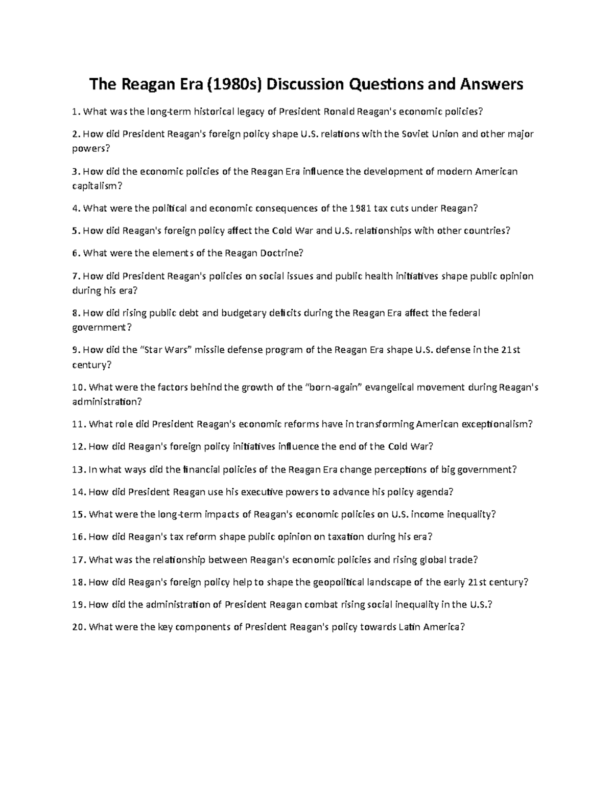 Reagan Era & 1990s: Key Discussion Questions and Insights - Studocu