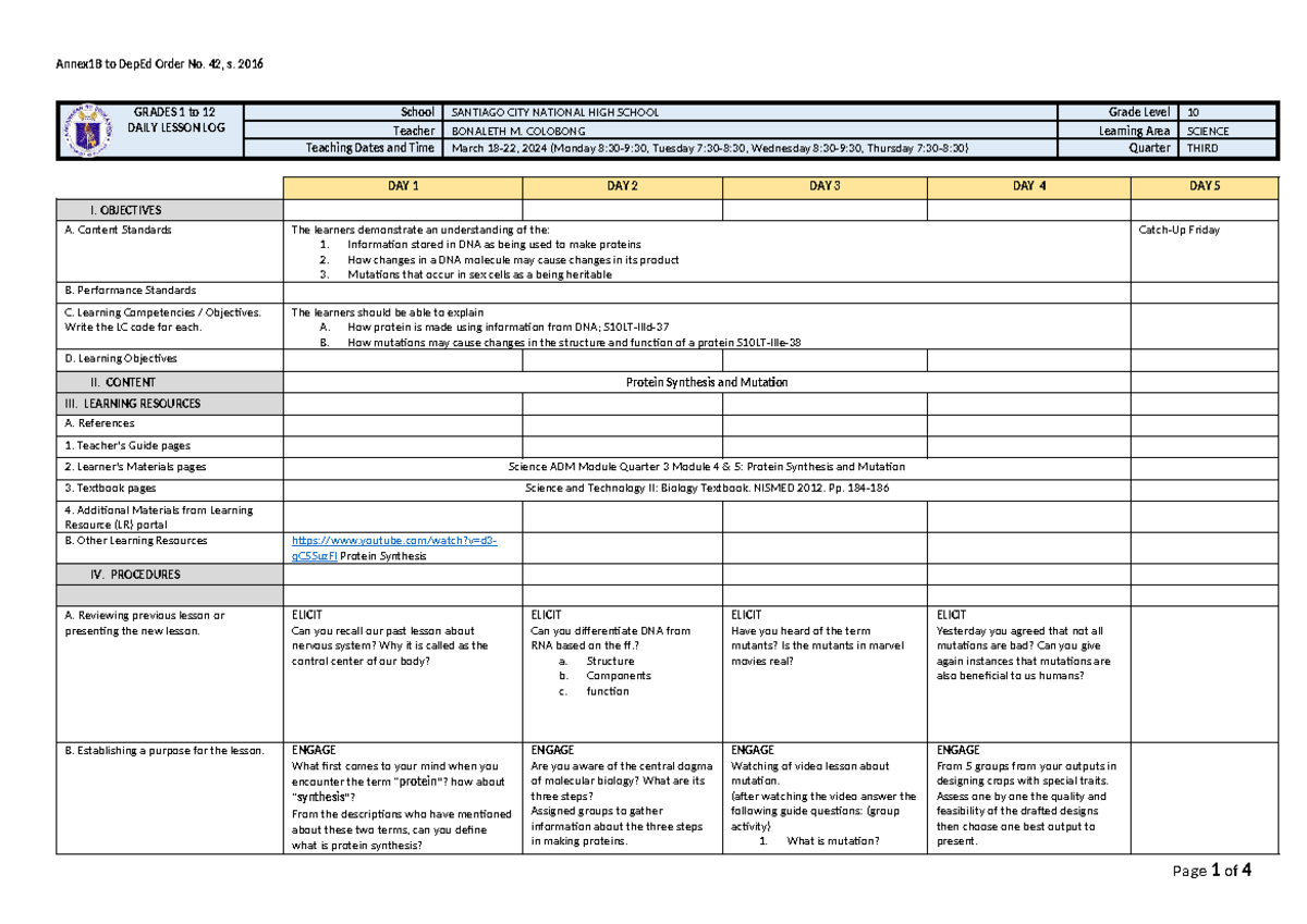 Grade 10 DLL: Science Lesson on Protein Synthesis & Mutations (Mar 18 ...