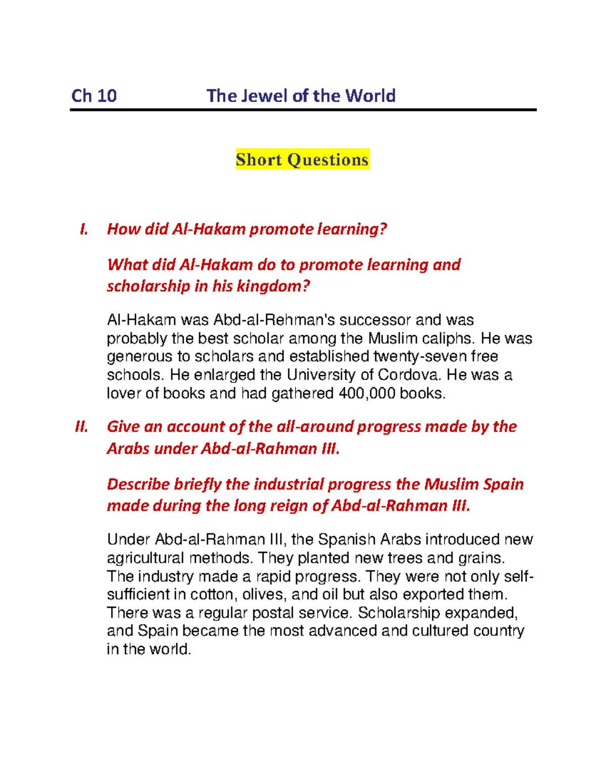 Ch 10: The Jewel of the World - Key Short Questions & Answers - Studocu
