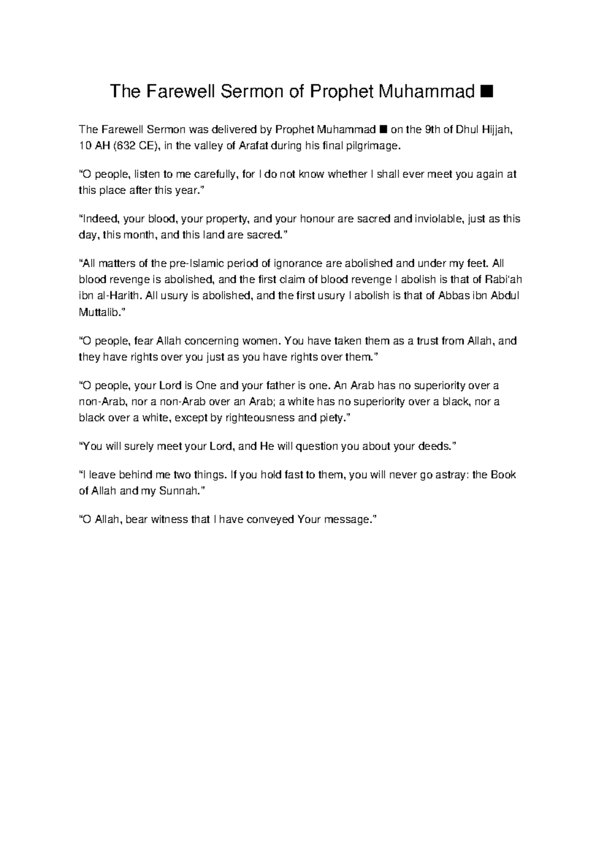 Farewell Sermon of Prophet Muhammad: Key Teachings and Insights - Studocu