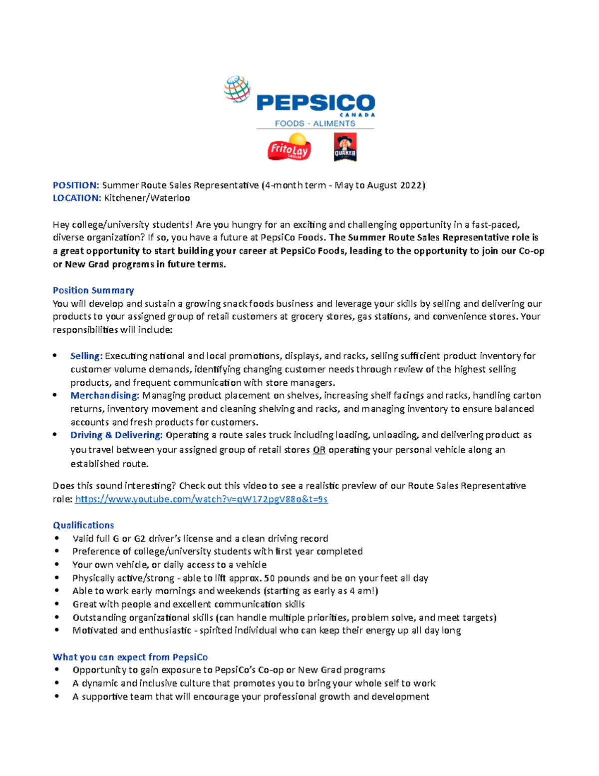 Pepsi Summer RSR - Job Description - POSITION: Summer Route Sales ...