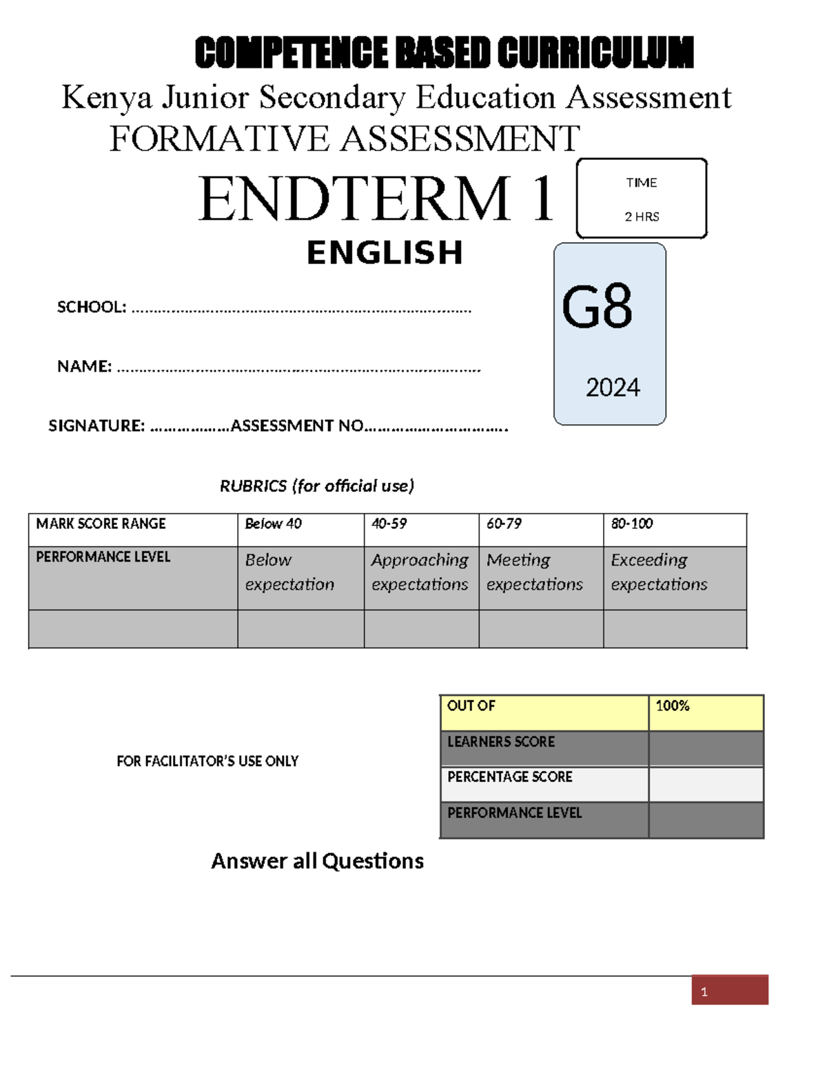 G8 English Formative Assessment Questions 2024 - Endterm 1 - Studocu