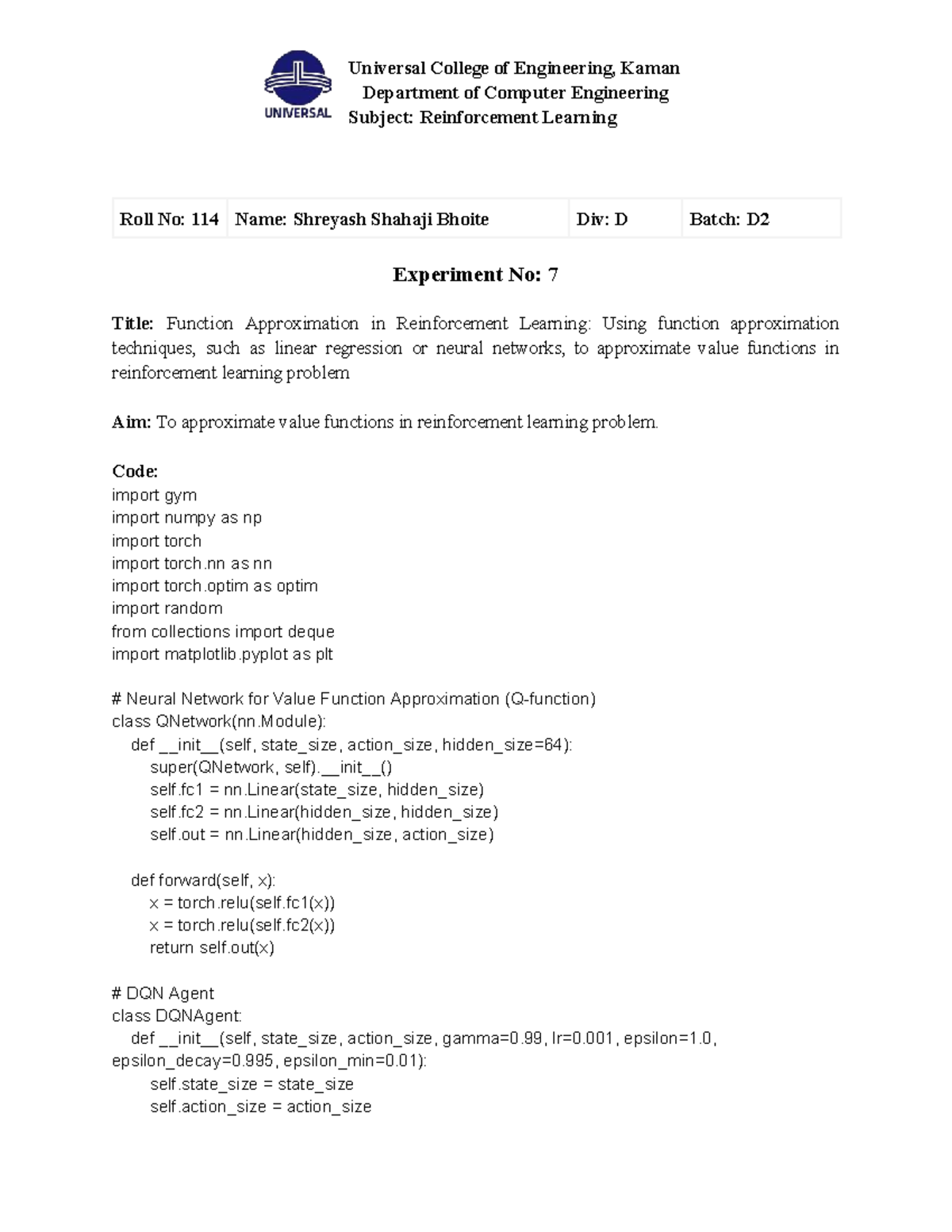 Function Approximation in Reinforcement Learning (RL EXP 7) - Studocu