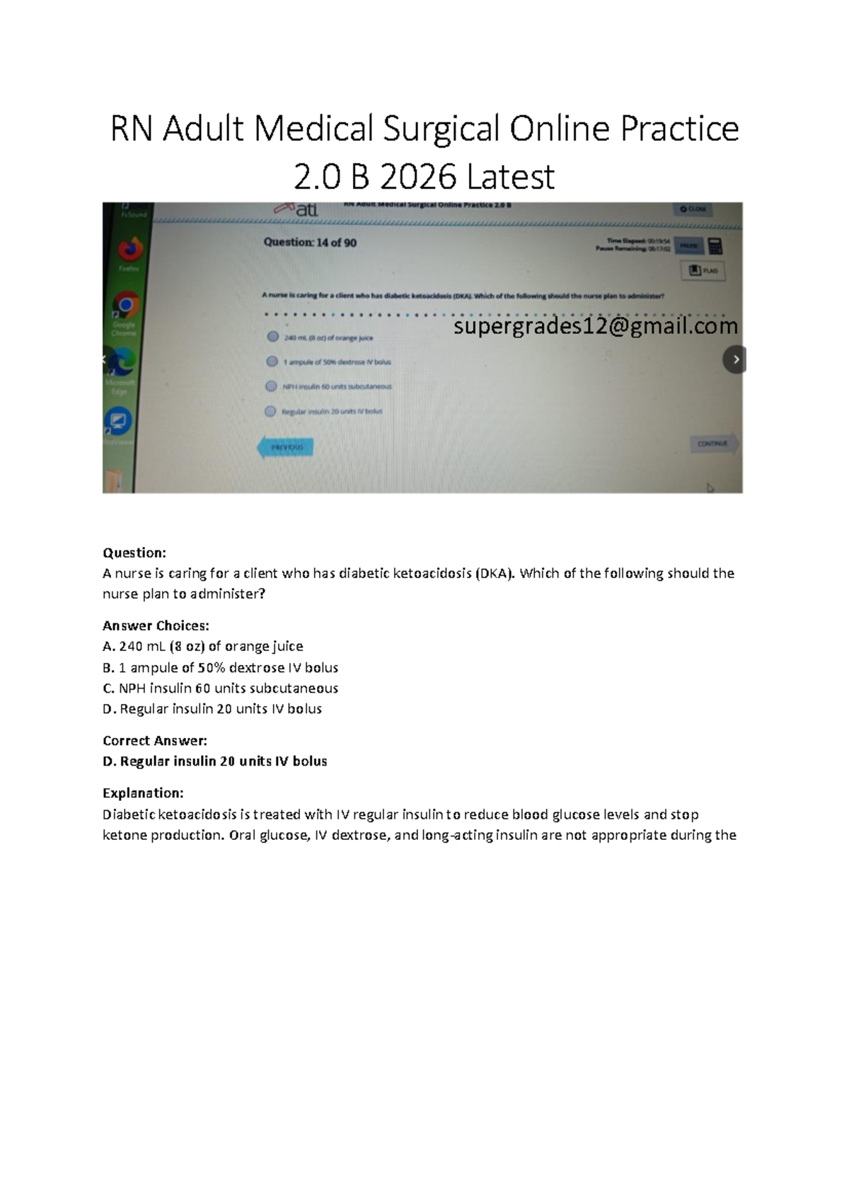 RN Adult Medical Surgical Online Practice 2.0 B 2026 DKA Management ...