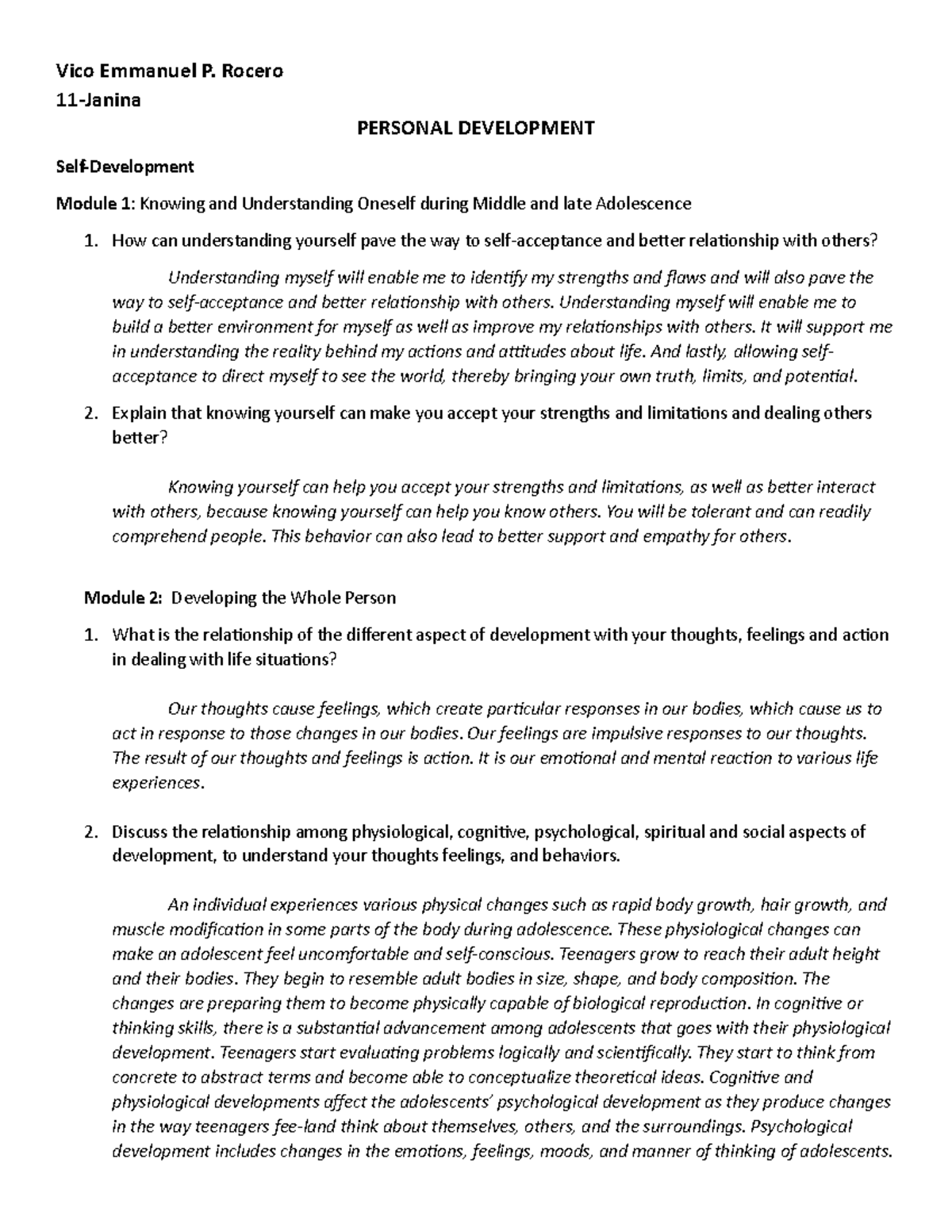 Personal Development Summative Test: Comprehensive Reflection and ...