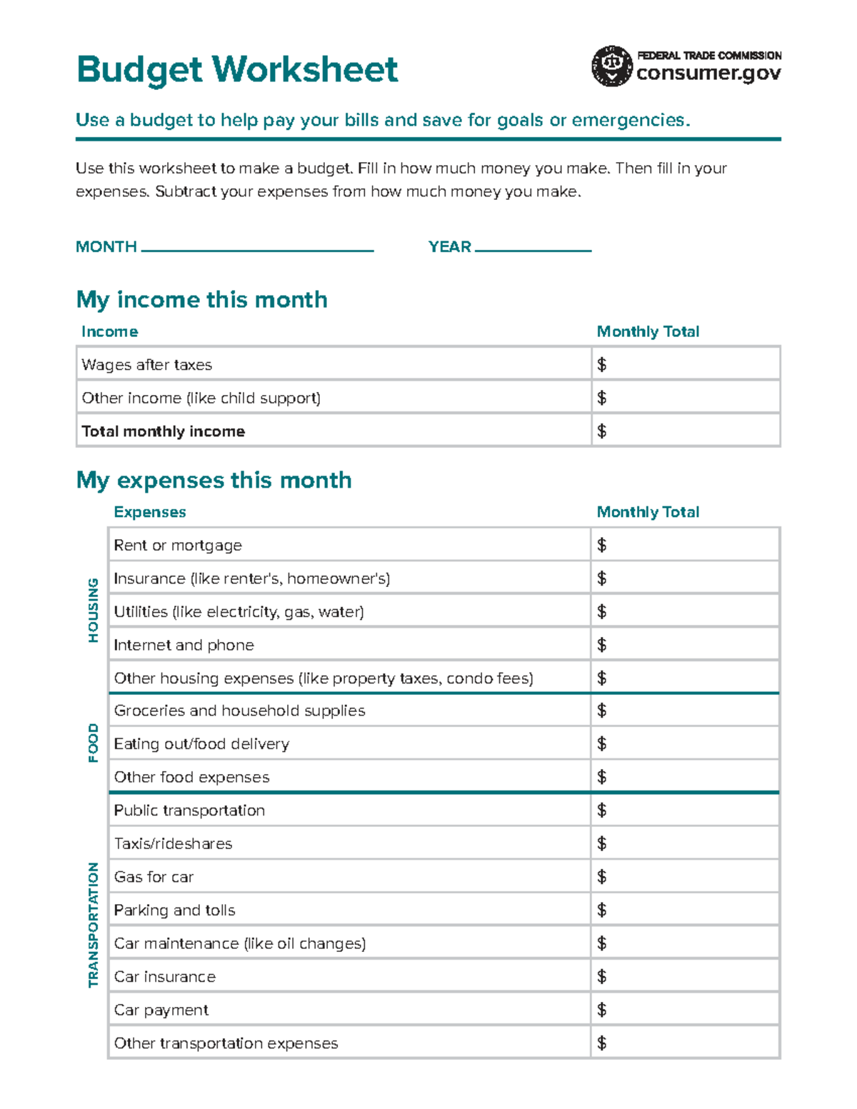 Clean Budget Worksheet - Consumer.gov for Monthly Expenses - Studocu