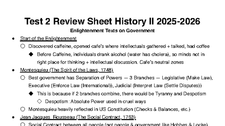 Test 2 Review Sheet: History II - Enlightenment Texts and Events - Studocu