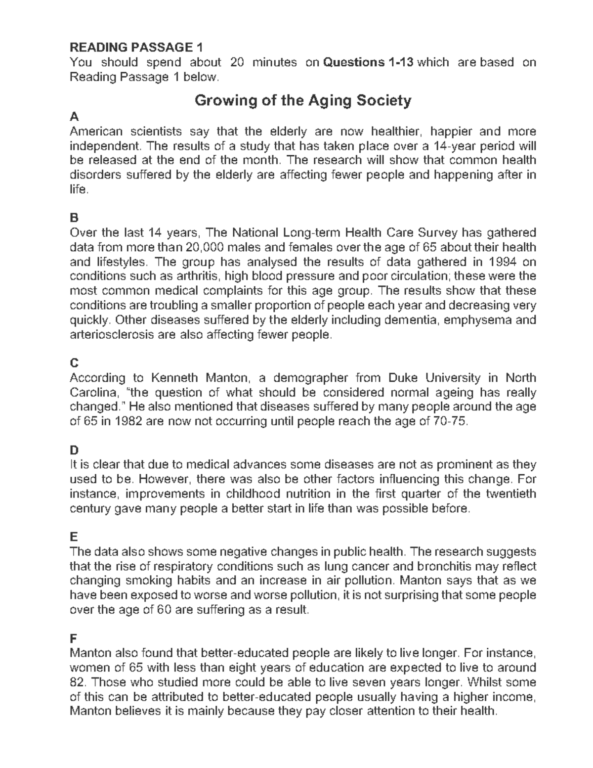 Reading 1: The Growing Aging Society - Health and Independence Insights ...