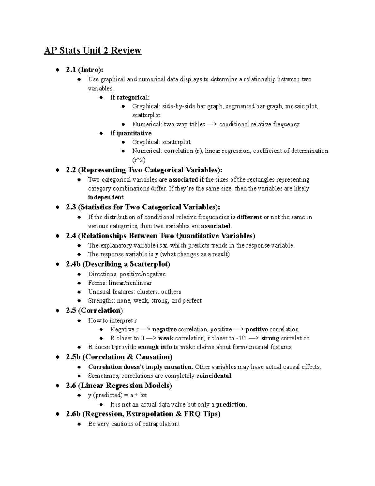 AP Stats Unit 2 Review: Exploring Relationships & Regression Analysis - Studocu
