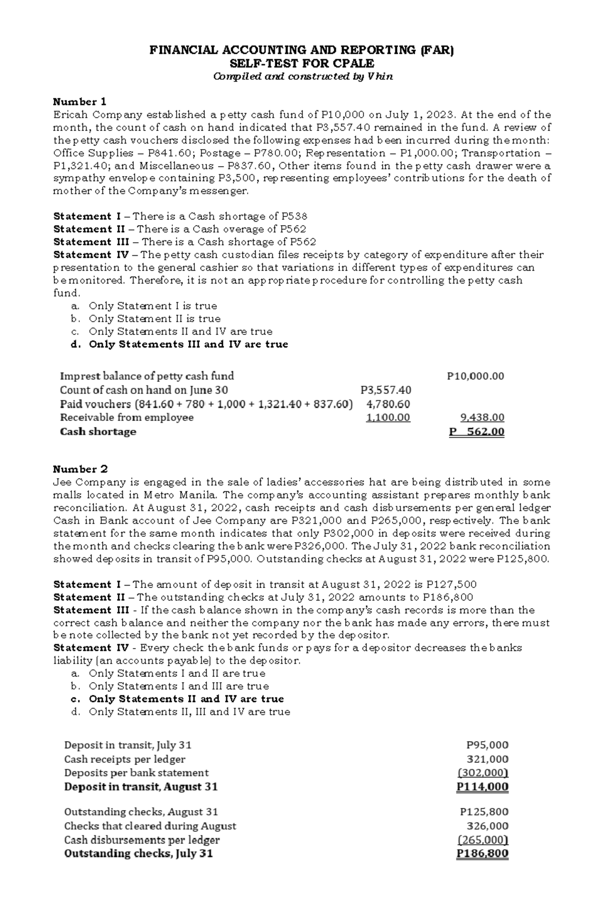 FAR Self-Test Drills for CPALE with Detailed Answers - Studocu