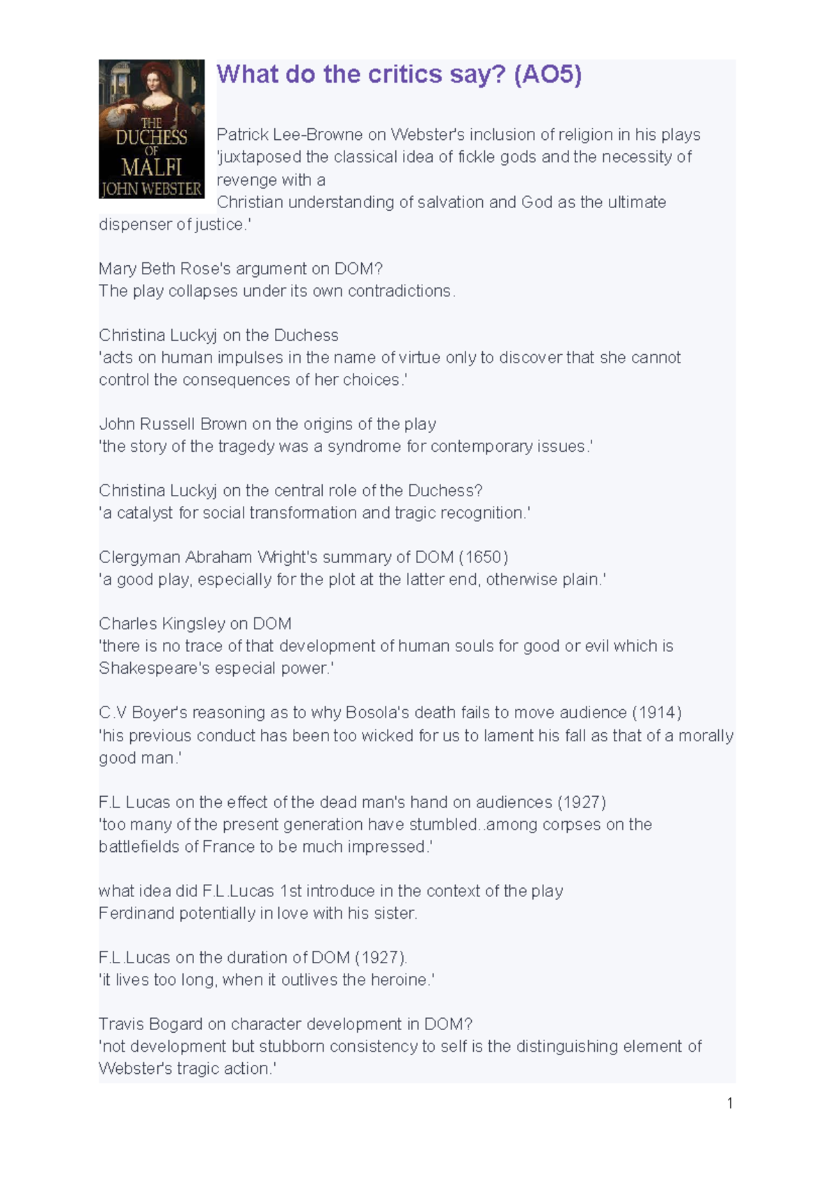 AO5 OCR English - Critical Interpretations on The Duchess of Malfi ...