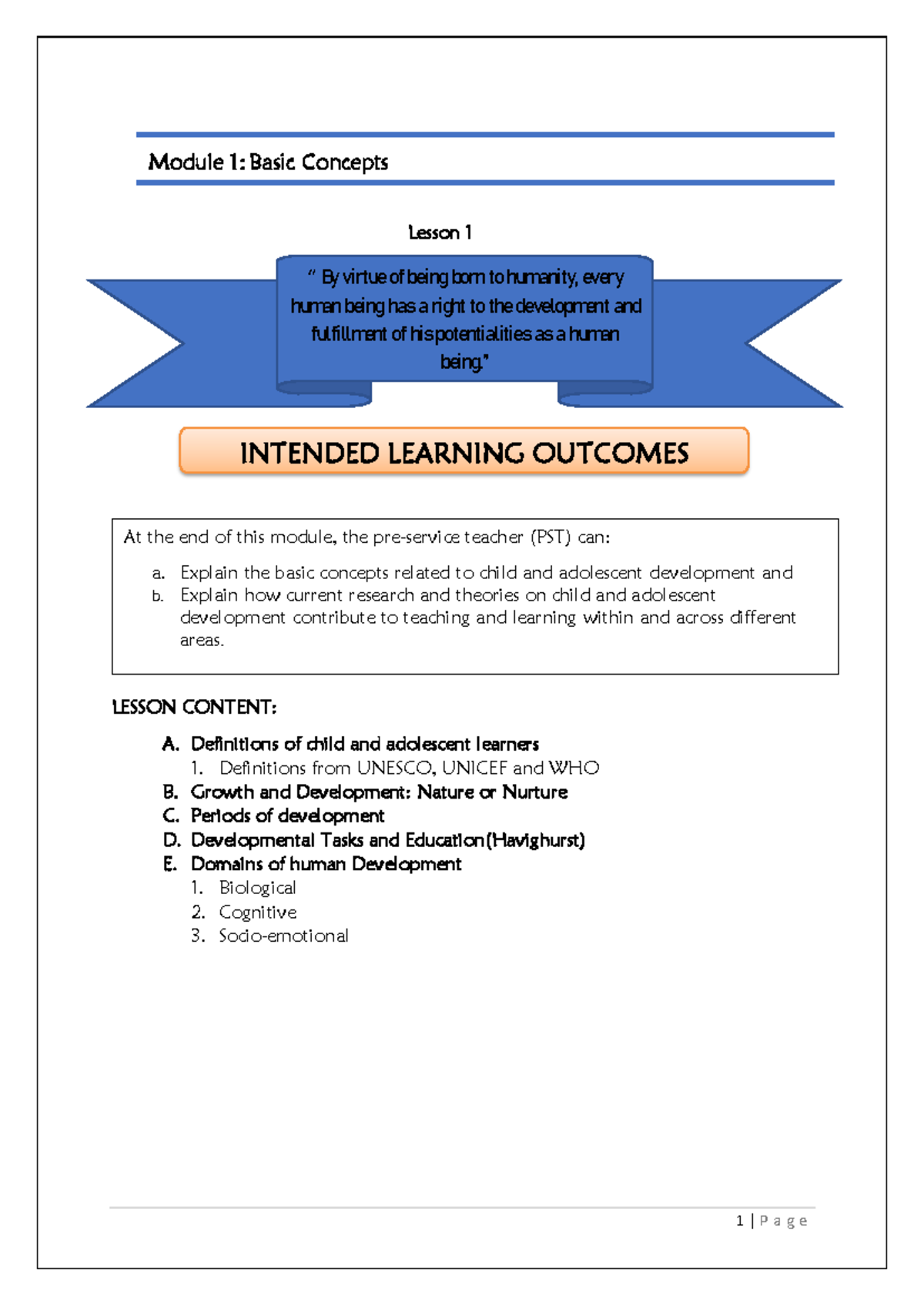 PED 1 Module 1 2 - Child and Adolescent - Lesson 1 LESSON CONTENT: A ...