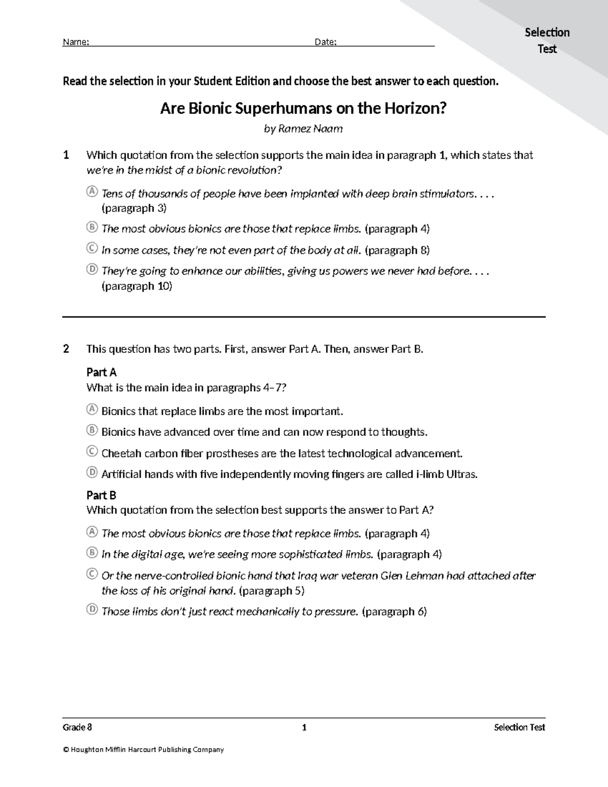 08LE 05 Bionic Superhumans Testing: Selection Quiz & Answers - Studocu