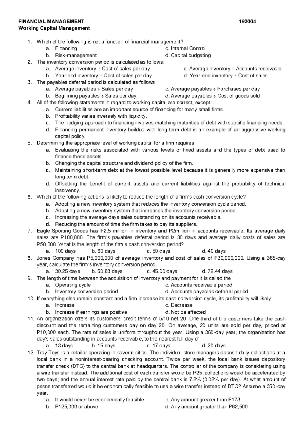 FM- Working Capital Management Quiz Notes and Analysis - Studocu
