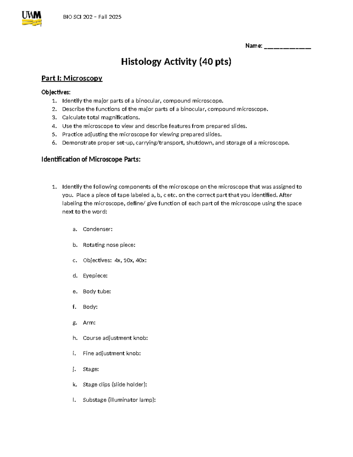 BIO SCI 202 - Fall 2025: Histology & Microscope Activity Guide - Studocu