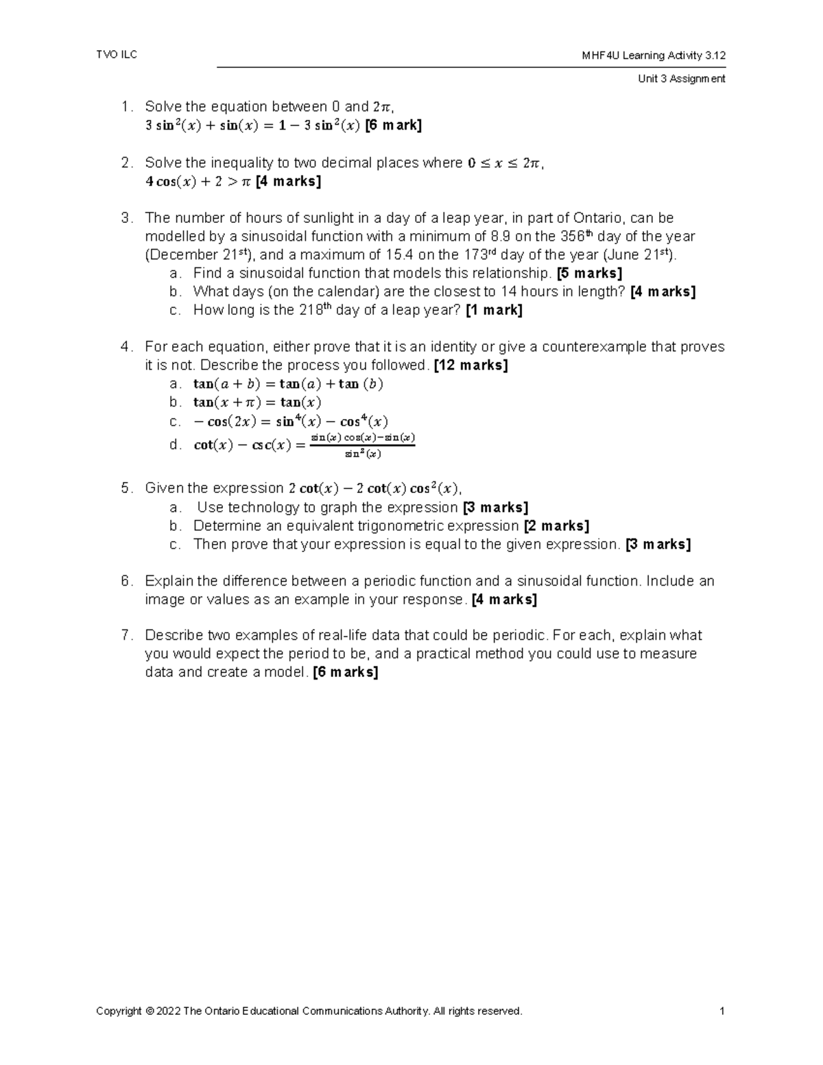 MHF4U Unit 3 Assignment: Trigonometric Functions and Models - Studocu