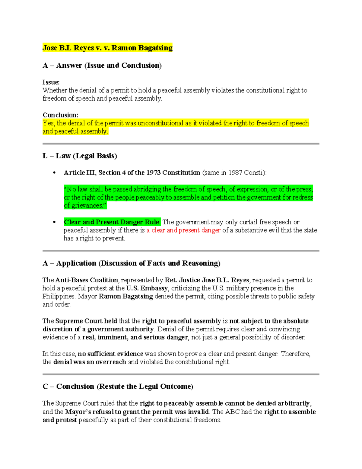Jose B.L. Reyes v. Ramon Bagatsing: Constitutional Rights Case Study ...