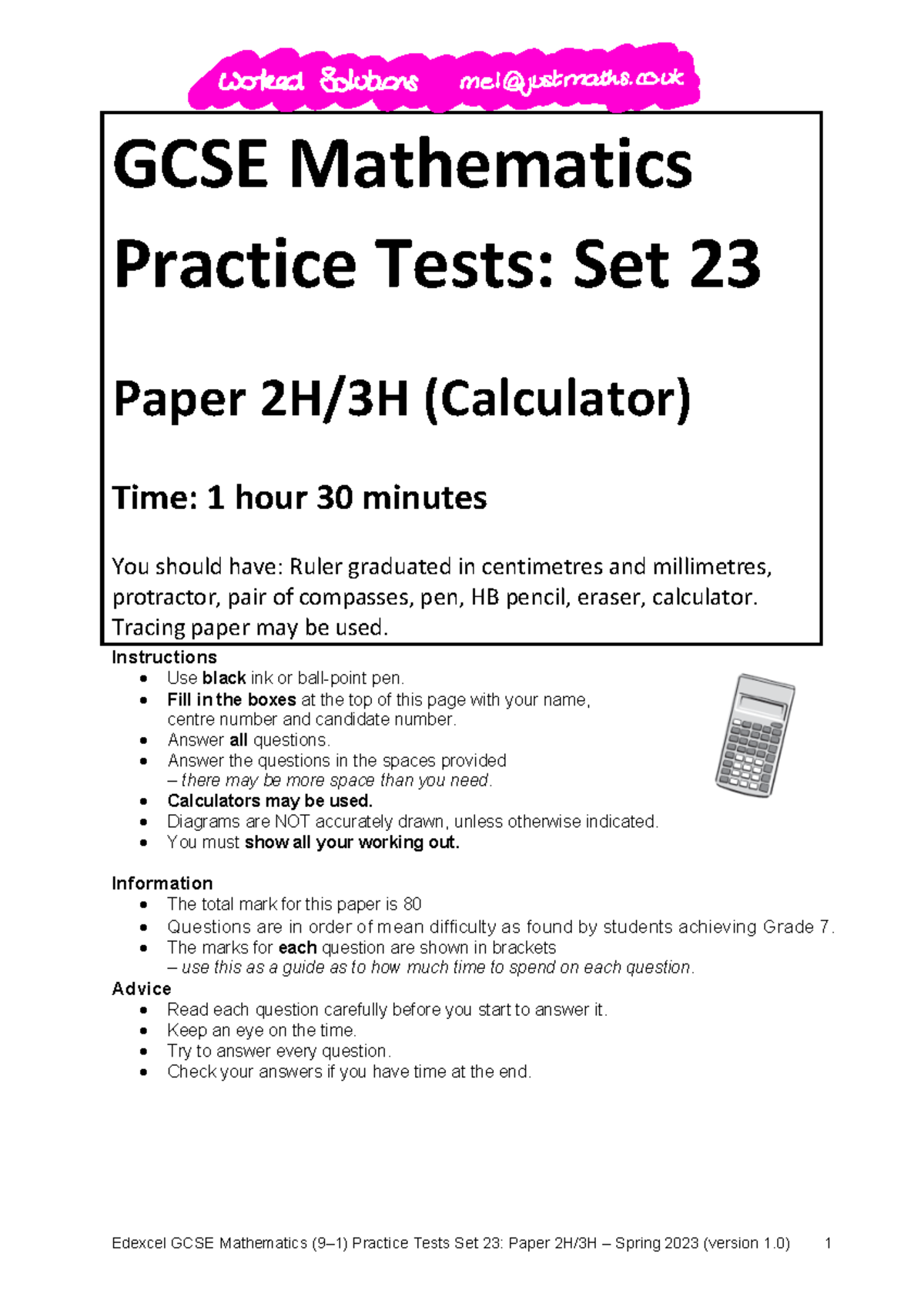 GCSE Maths Practice Tests Set 23 Solutions for Paper 2H/3H - Studocu