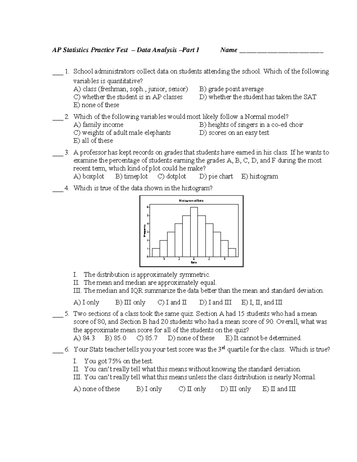 AP Stats Unit 1 Practice Test: Data Analysis & Variables Review - Studocu