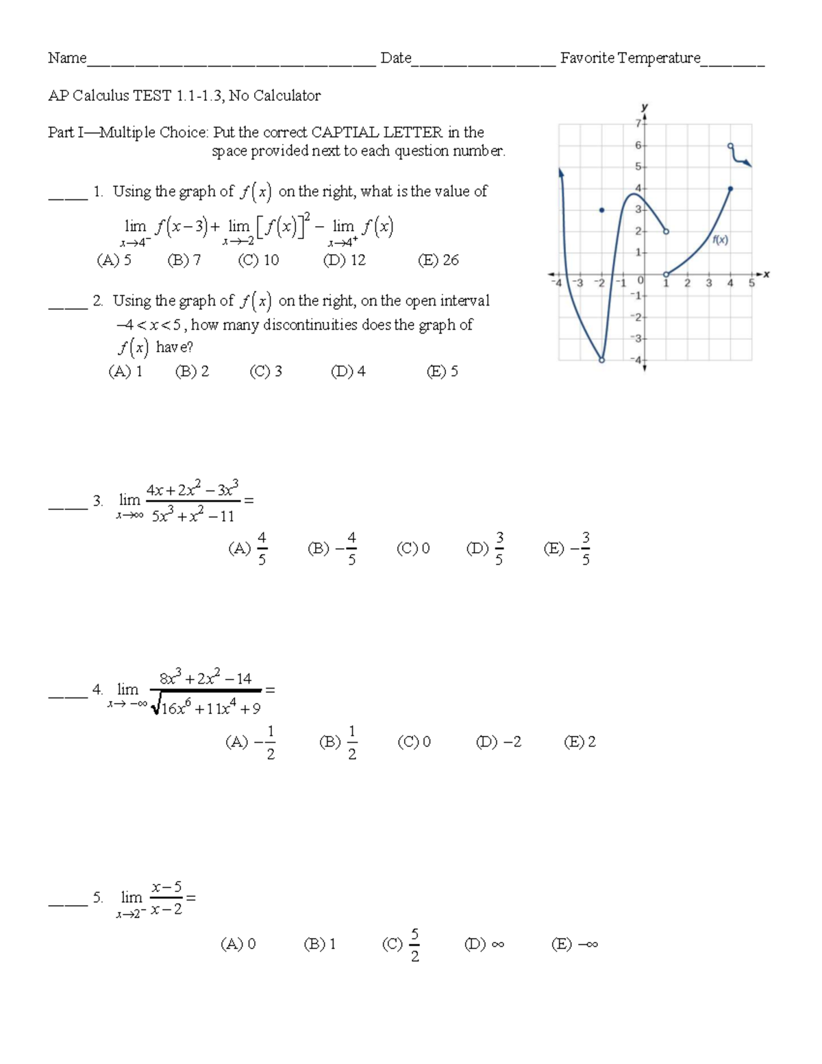 AP Calculus AB TEST No Calculator - Multiple Choice Questions - Studocu
