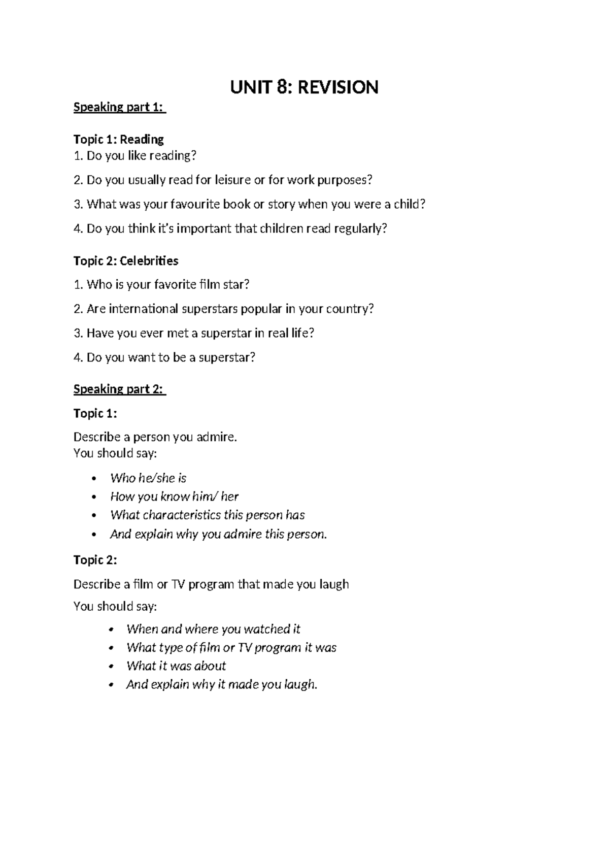 SS30 Speaking Revision: Topics on Reading & Celebrities - Studocu