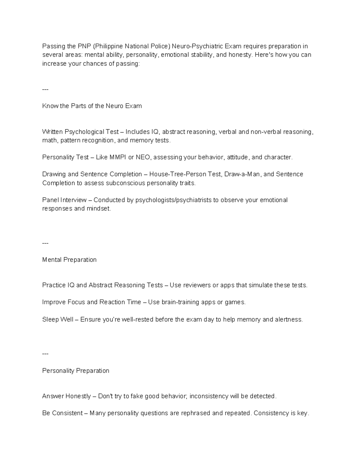 TIPS - Strategies to Pass the Neuro Exam for PNP Exam Preparation - Studocu