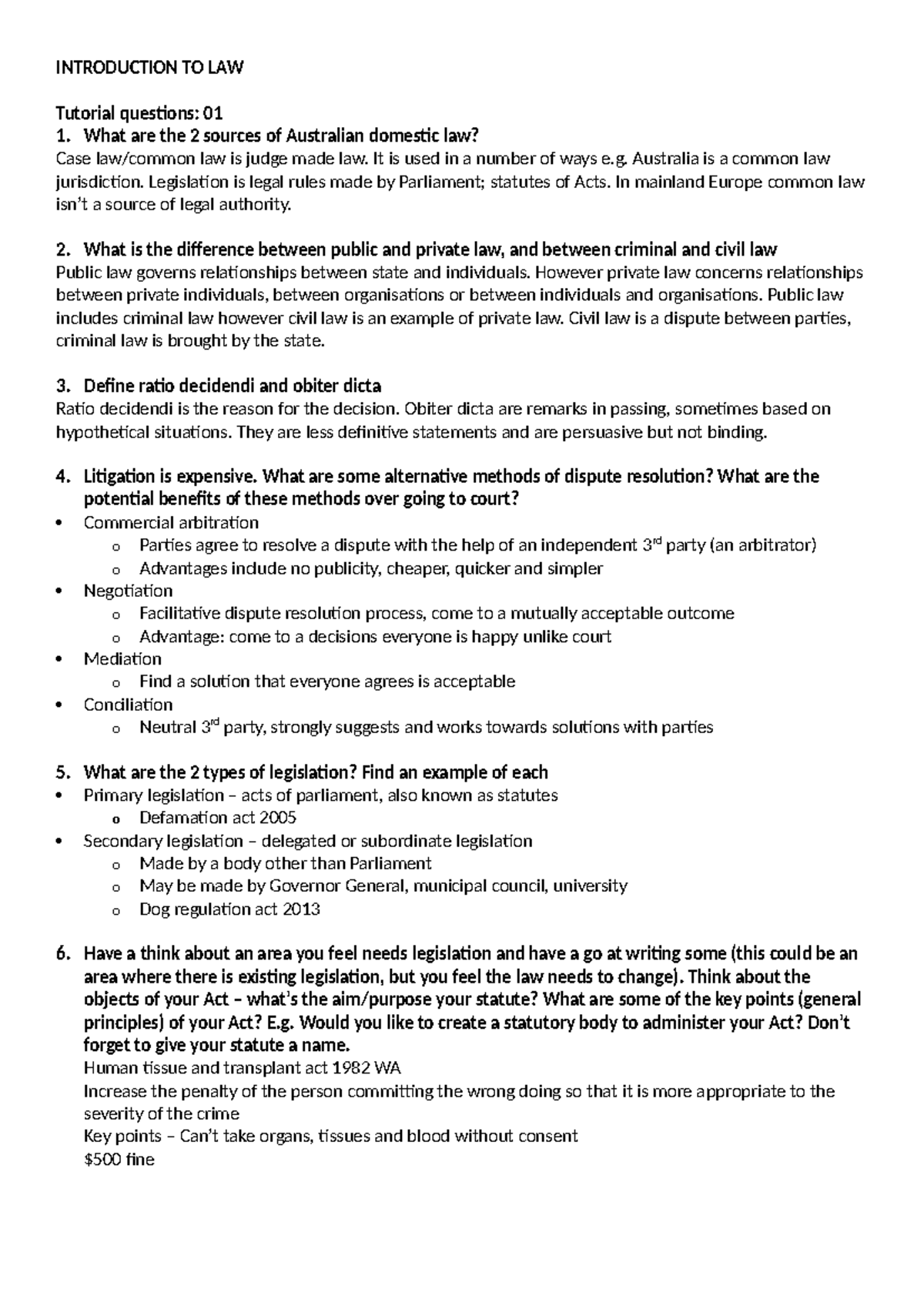 Law 101: Tutorial Questions on Australian Legal Principles and Case ...