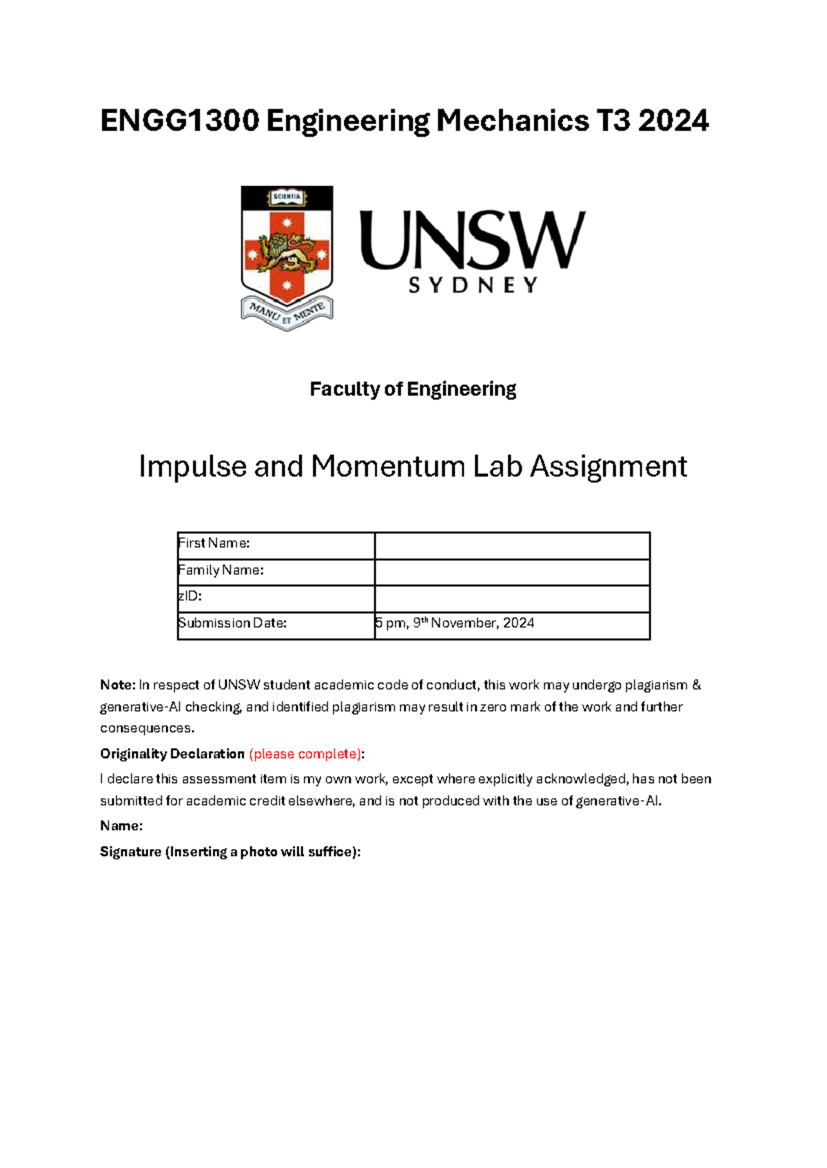 ENGG1300 T3 2024 Impulse & Momentum Lab Assignment - Studocu