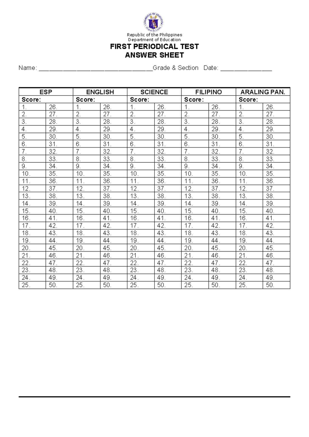 Philippines DepEd 1st Periodical Test Answer Sheet - Studocu